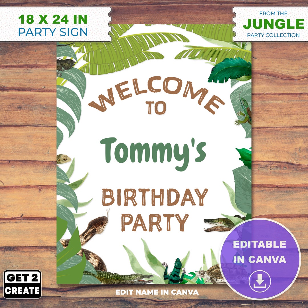 EDITABLE Party Sign Jungle Theme Birthday Party Template Edit CANVA ...
