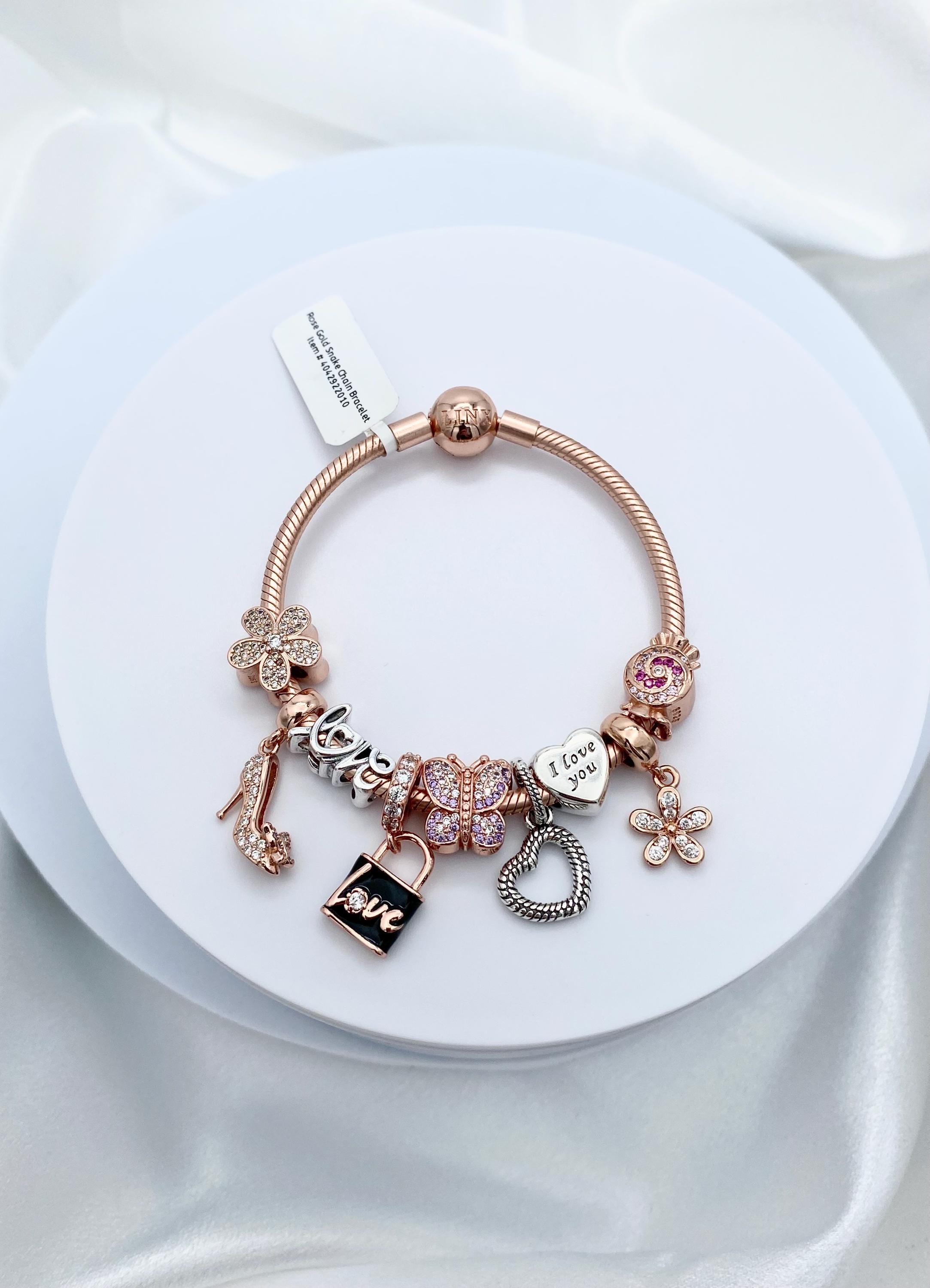 Rose Gold Snake Chain Charm Bracelet: Sterling Silver Love Charms - Etsy