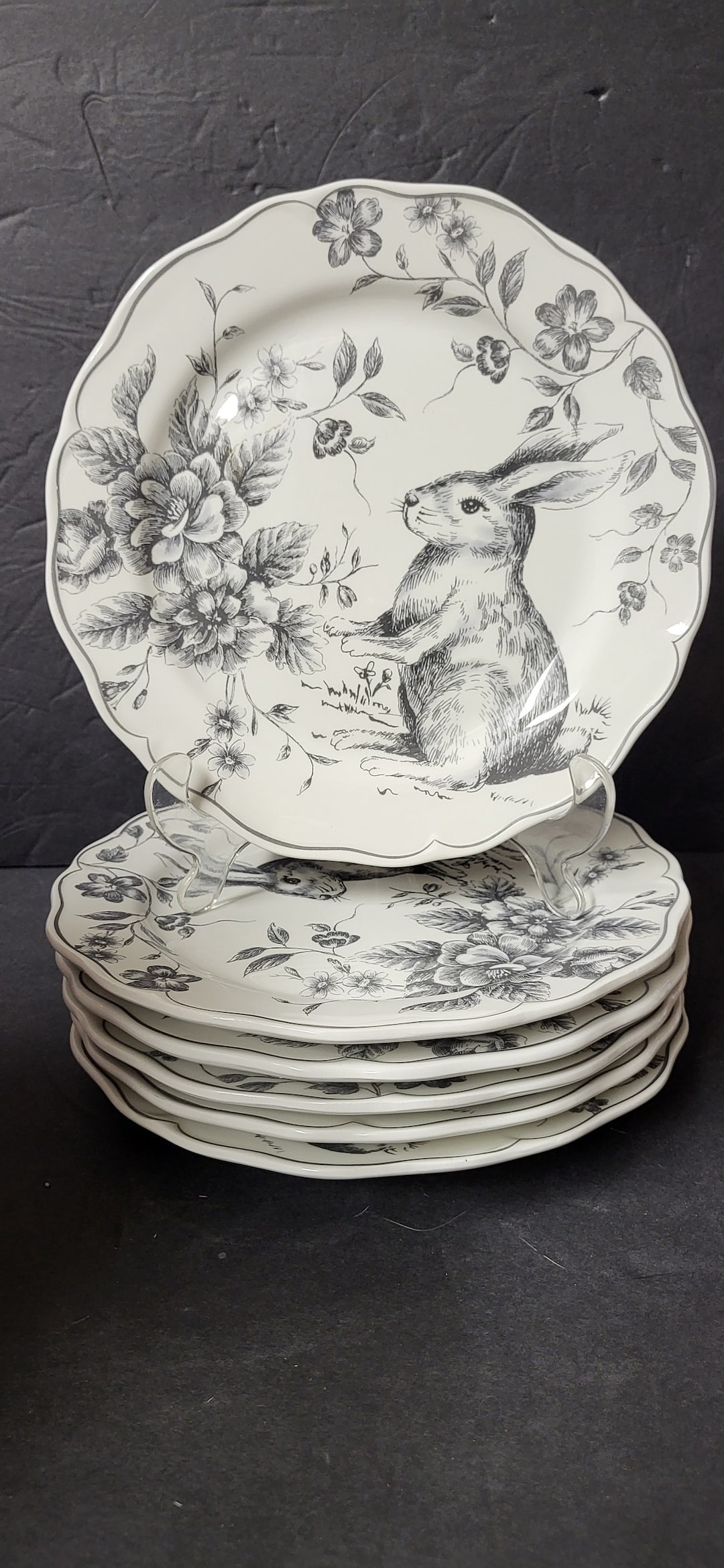 Maxcera Gray Bunny Rabbit Toile Salad Plates Set of 6 Easter Spring - Etsy