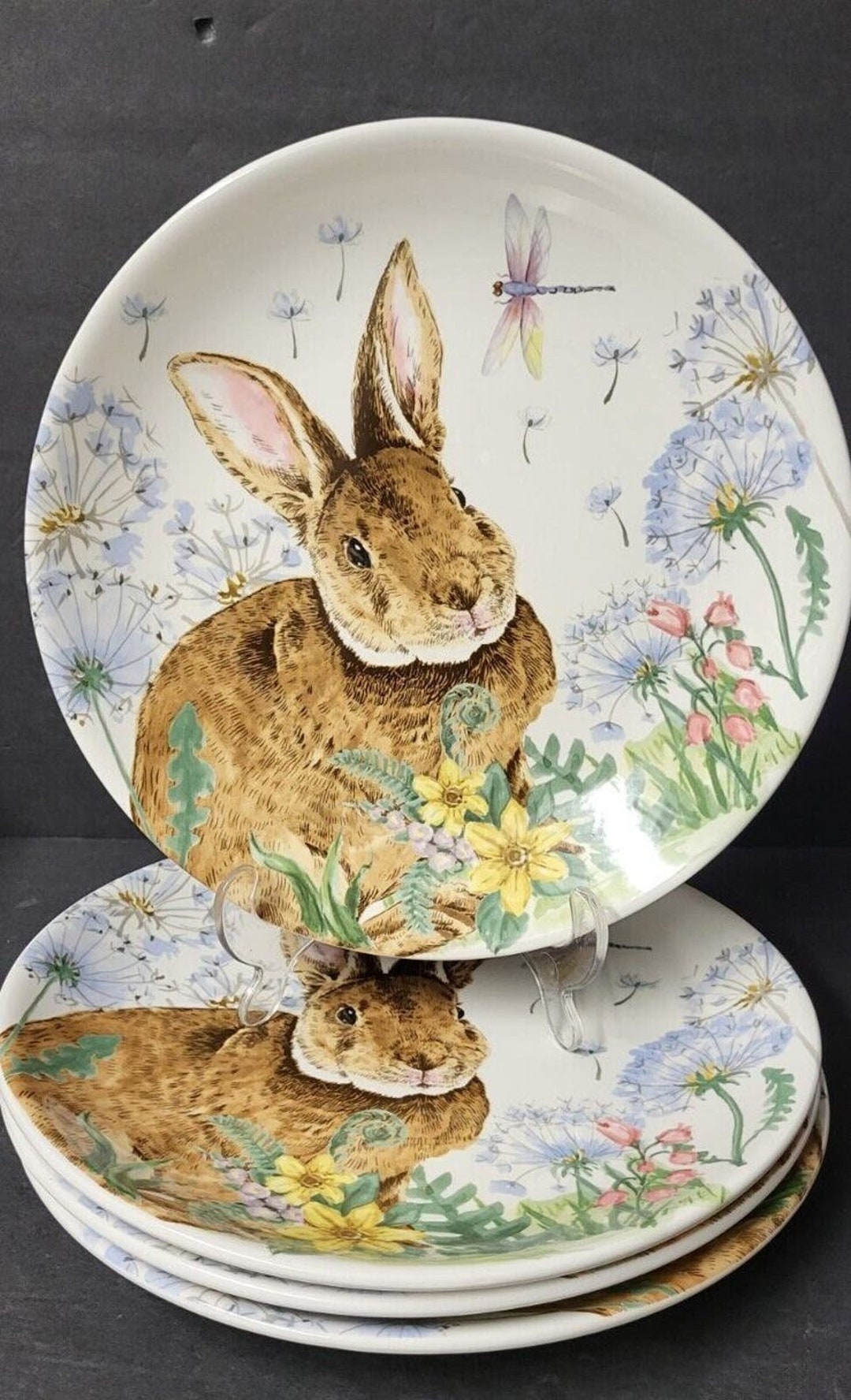 Maxcera Bunny Rabbit Floral Garden Dinner Plates Set of 4 Dragonfly NEW ...