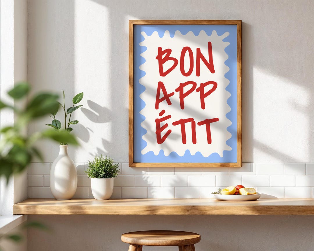 Bon Appetit Kitchen Print, Red and Blue Foodie Poster (digital Download ...