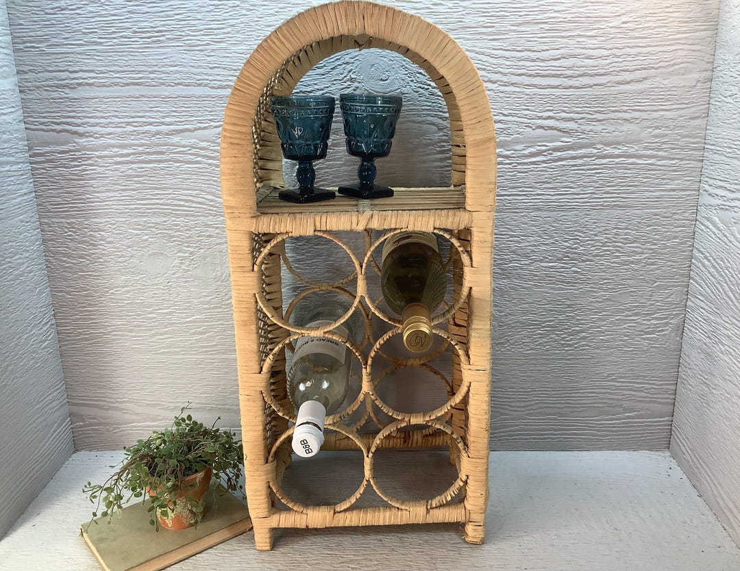 Vintage MCM Woven Wicker Wine Rack W/top Shelf/ Six Bottle Wine Storage ...