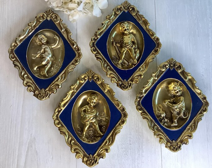 Vintage Set of 4 Ceramic Cherub Wall Plaques/ Ornate Gold & Blue ...