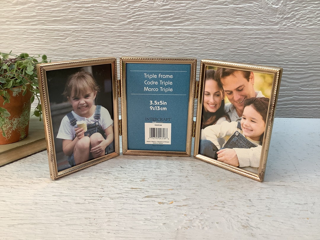 Vintage Gold Metal Triple Photo Frame/ Hinged Tri-fold Picture Frame/ 3 ...