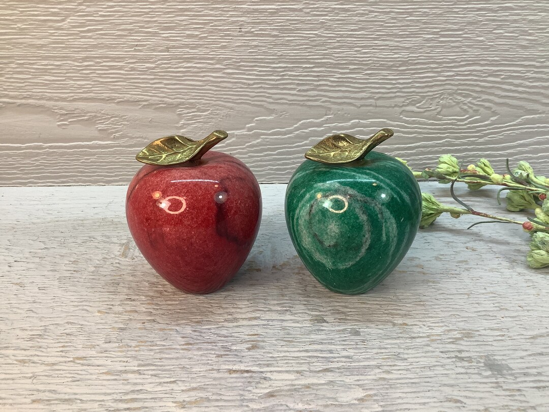 Vintage Pair Green and Red Marble Apple Figurines/ Marble Apples With ...
