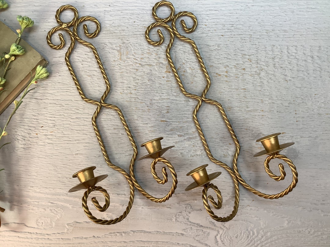 Vintage Gold Twisted Wire Wall Sconces - Ornate Double Candle Holders ...