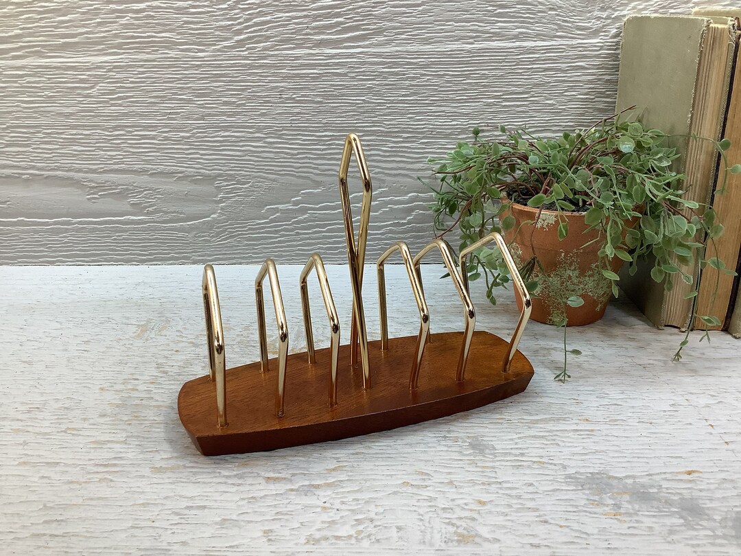 Vintage Metal and Wood Toast Rack/ Wyncraft MCM Gold Metal and Wooden ...