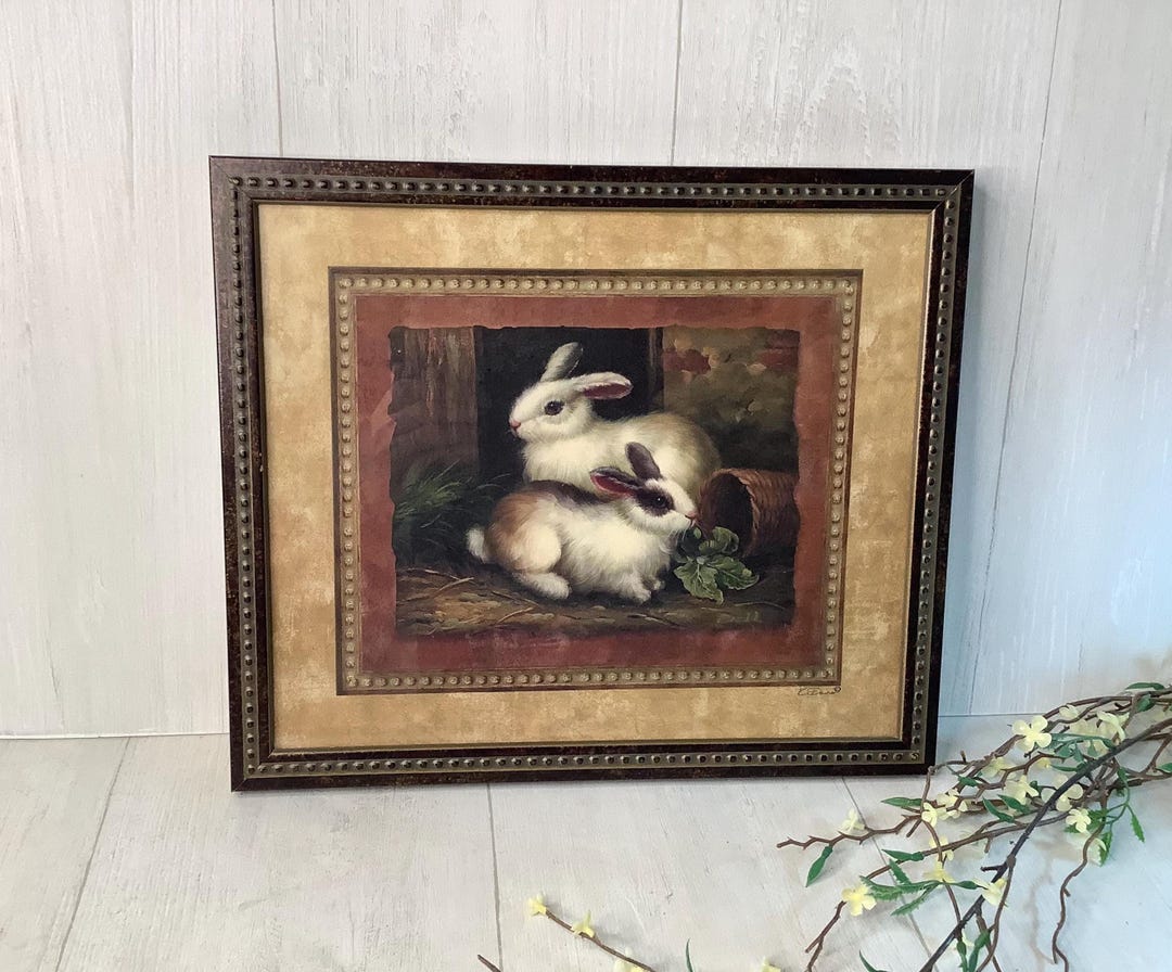 Vintage Wood Framed Rabbits Print/ Framed Primitive Bunny Rabbits Art ...