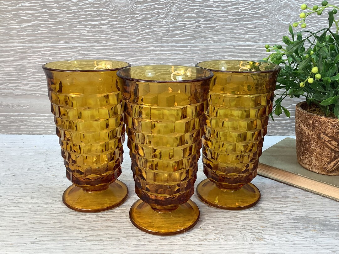 Vintage Amber Whitehall Glasses Set: Indiana Glass Cubist Tumblers - Etsy