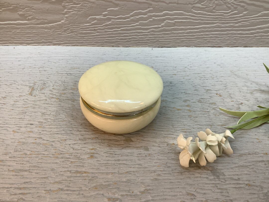 Vintage Genuine Alabaster Trinket Box/ Round Powder Box With Hinged Lid ...