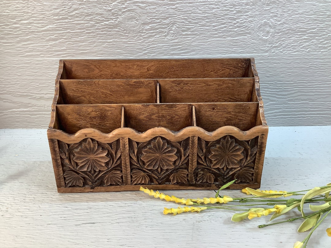 Vintage Carved Faux Wood Mail Sorter/ Letter Organizer/ Mail Storage ...