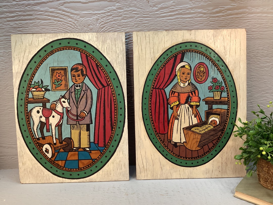 Vintage Pair of Painted Folk Art on Wood/ Primitive Colonial Portraits ...