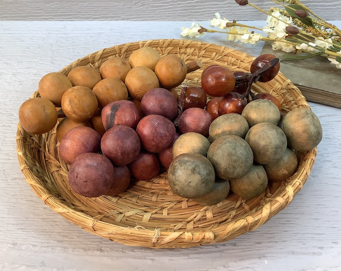 Vintage Wooden Grape Clusters With Basket/ Decorative Wood Grapes With ...