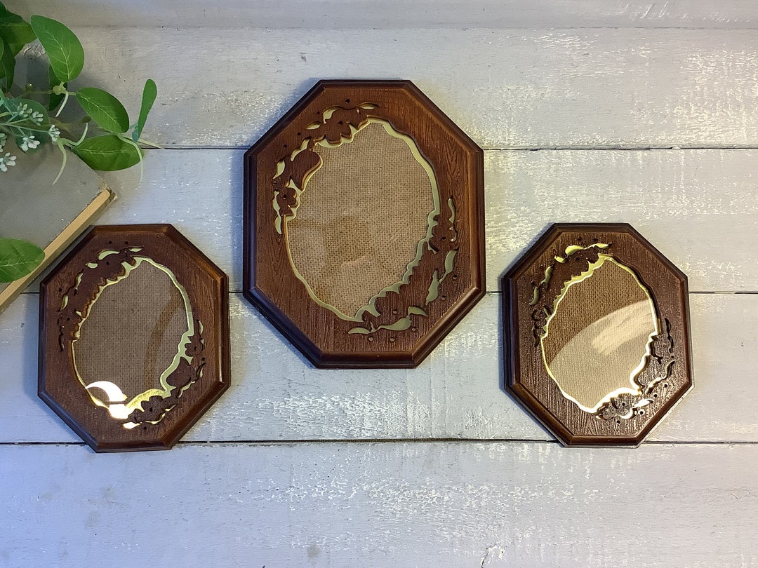 Vintage Set of 3 Faux Wood Photo Frames/ Deep Brown Tone Hexagon ...