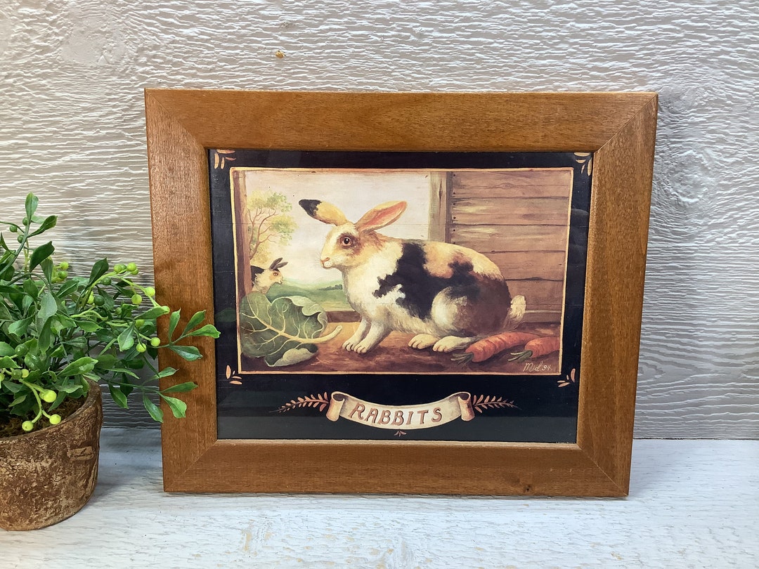 Vintage Wood Framed Rabbits Print/ Framed Primitive Bunny Rabbits Print ...