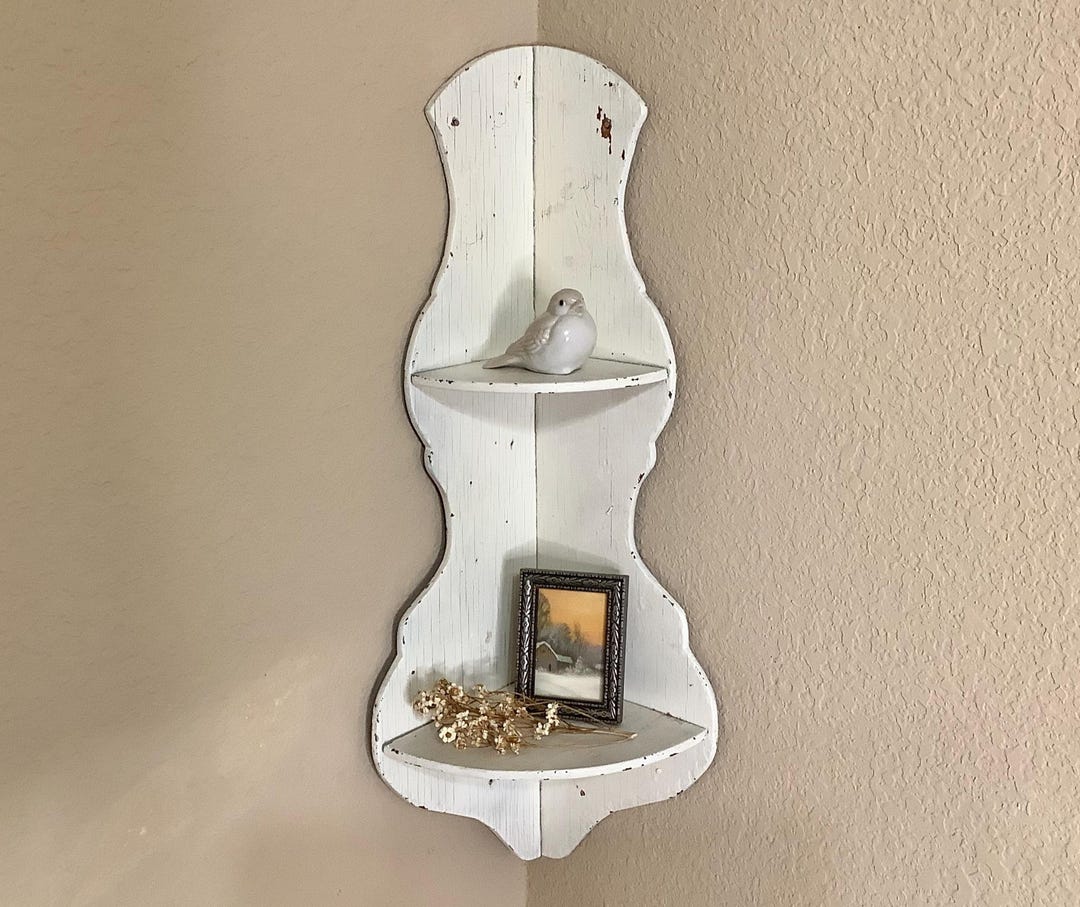 Vintage Painted Wooden Corner Display Shelf/ Chippy Distressed White ...
