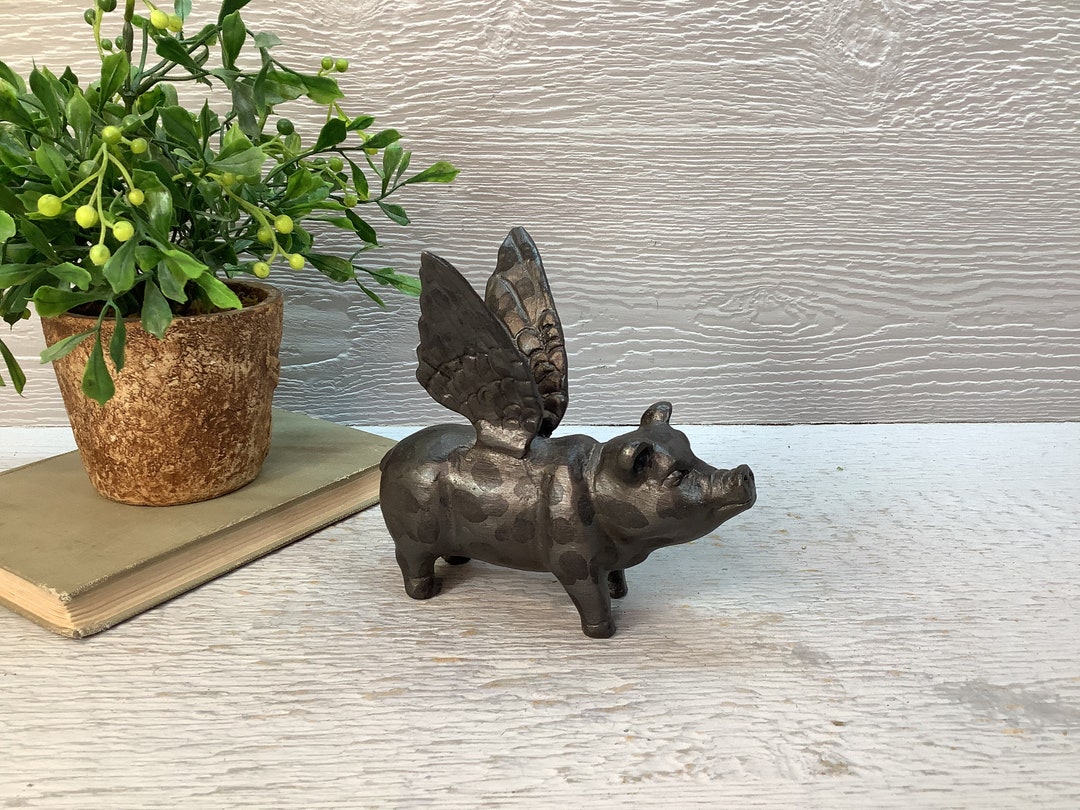 Vintage Black Cast Metal Flying Pig Figurine/ Heavy Metal Winged Pig ...