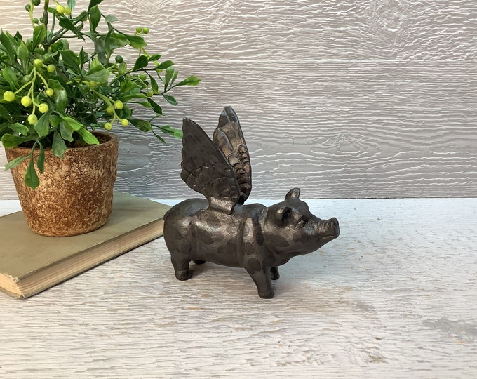 Vintage Black Cast Metal Flying Pig Figurine/ Heavy Metal Winged Pig ...