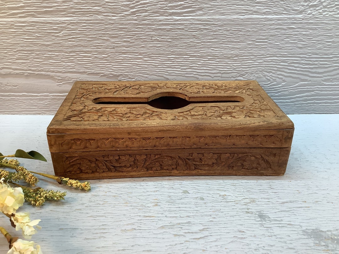 Vintage Hand Carved Wood Tissue Box Holder/ Ornate Carved Floral Tissue ...
