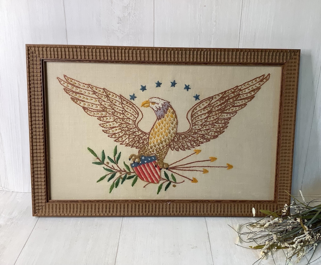 Vintage Folk Art Framed American Bald Eagle Embroidery Picture/ Large ...