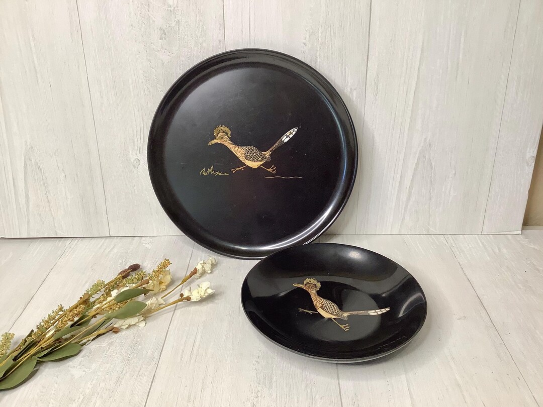 Vintage Set of 2 Couroc Roadrunner Round Plate & Bowl/ Satin Black ...