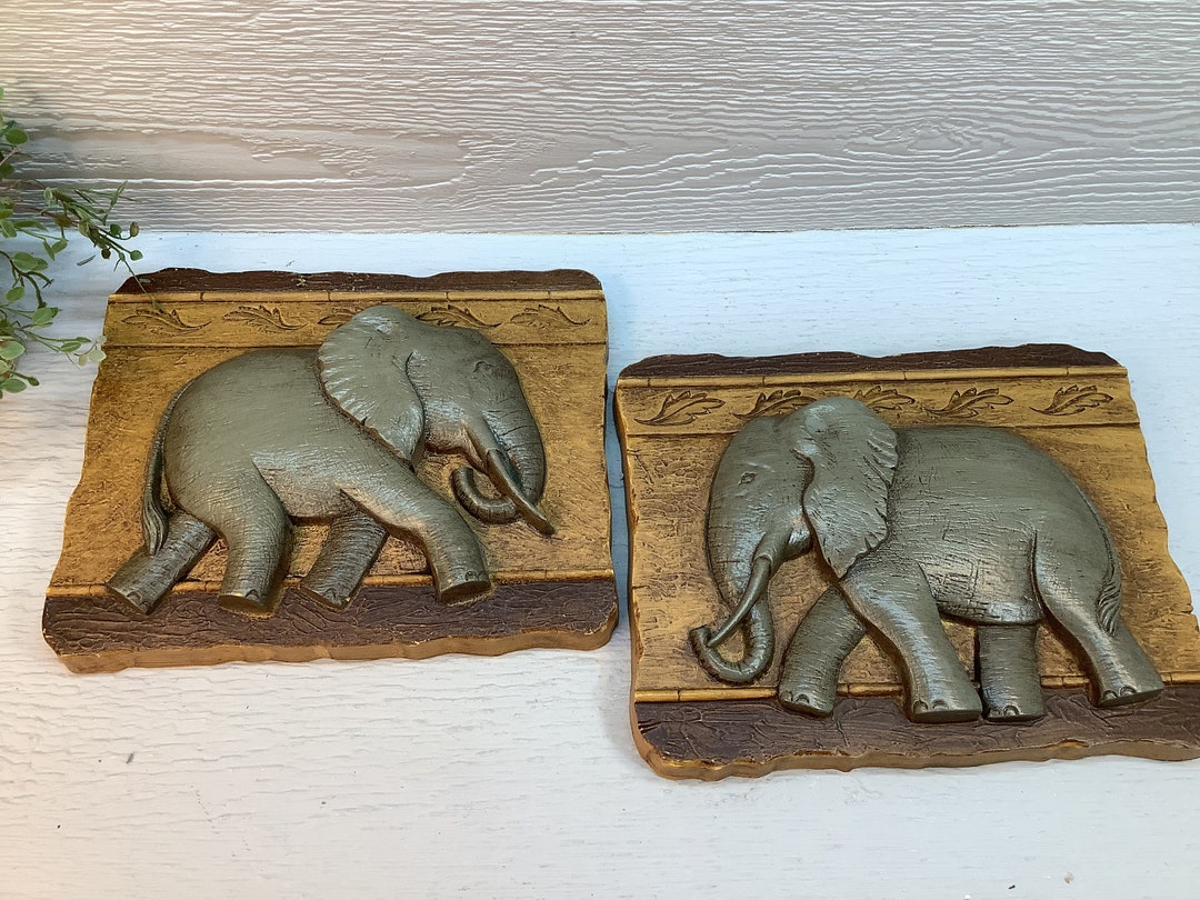 Vintage Pair Elephant Wall Plaques/ Syroco Molded Elephants Wall Decor ...