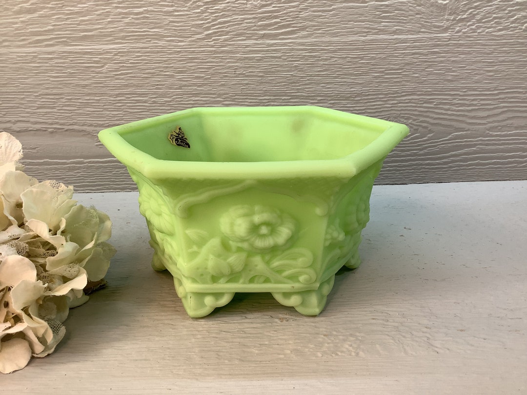 Vintage Fenton Uranium Glass Vase/ Floral Hexagon Bowl, Planter, Vase ...