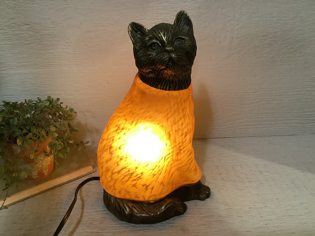 Vintage Amber Glass Cat Lamp/ Unique Frosted Amber Glass & Cast Metal ...