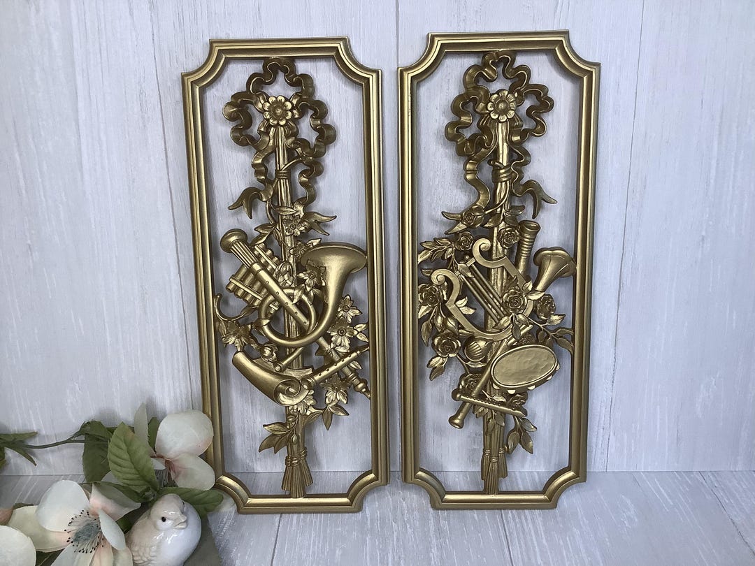 Vintage 1960's Gold Musical Instruments & Floral Wall Plaques/ Gold ...