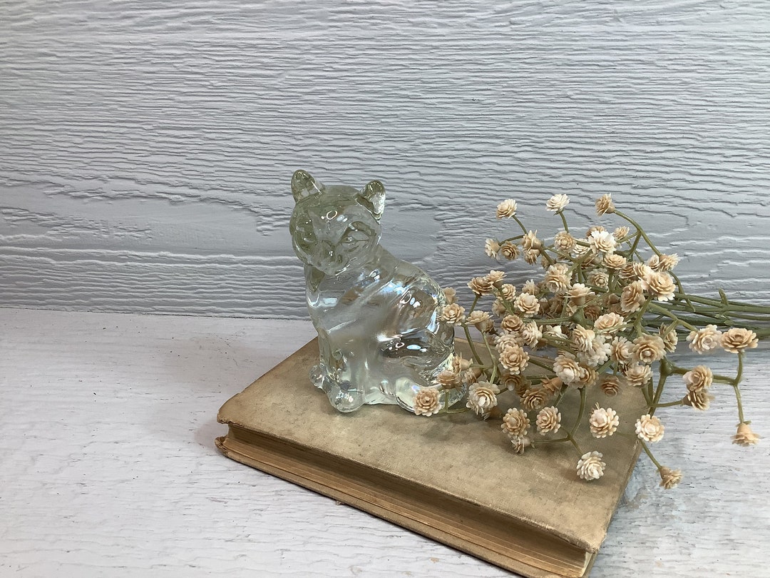 Vintage Fenton Clear Glass Cat Figurine/ Hand Blown Iridescent Glass ...