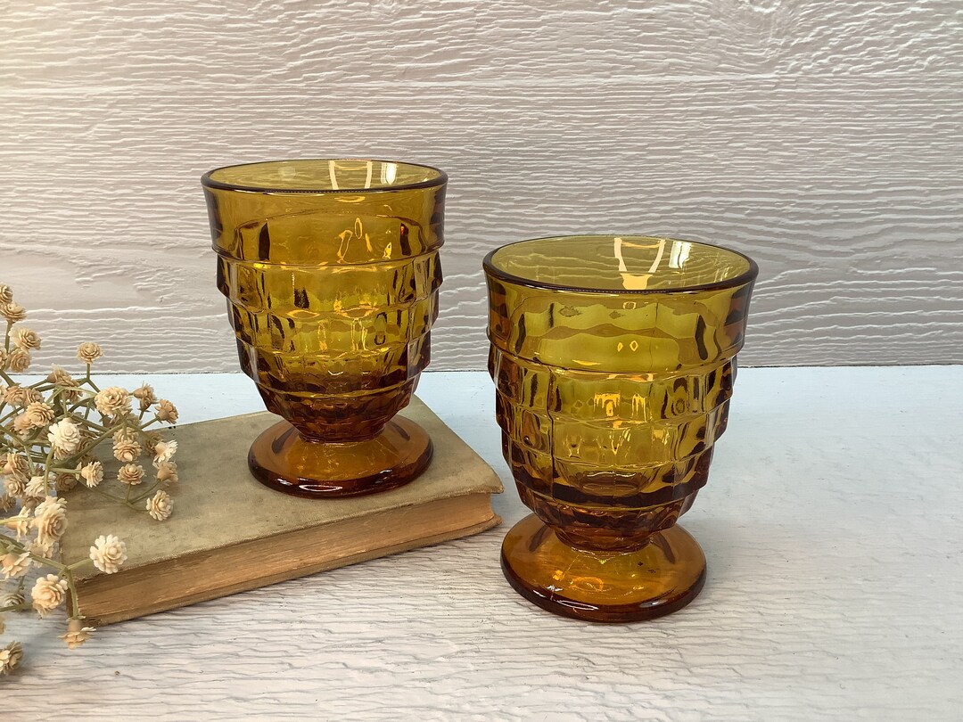 Small Vintage Pair Of Amber Whitehall Drinking Glasses Golden Amber