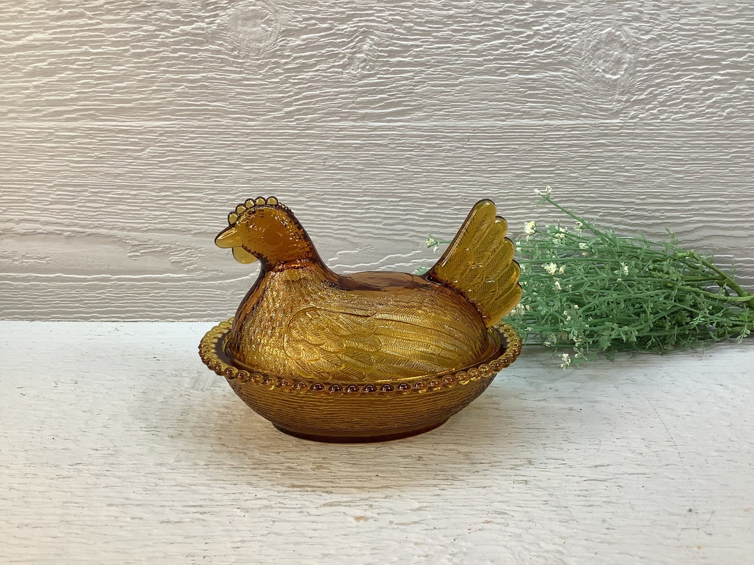 Vintage Amber Glass Nesting Hen Dish/ Glass Chicken Dish With Lid/ Hen ...