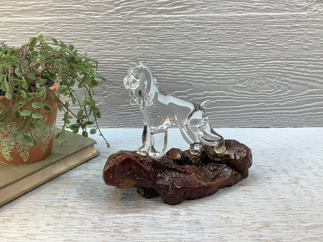 Vintage Clear Glass Dog Figurine on Burlwood/ Spaniel Dog Art Glass ...