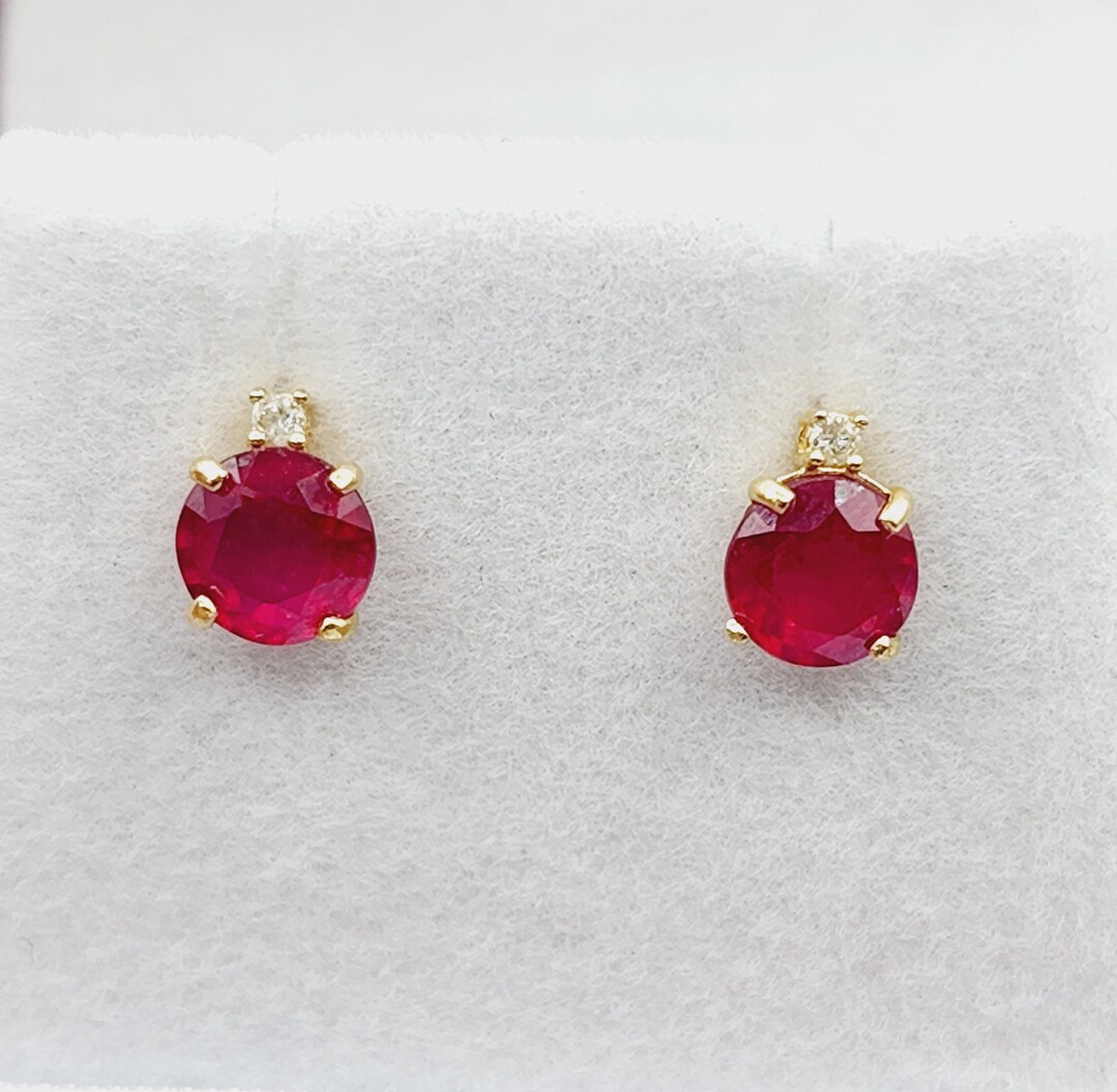 Genuine Ruby Earrings | 10K Yellow Gold Ruby With Diamond Stud Earrings ...