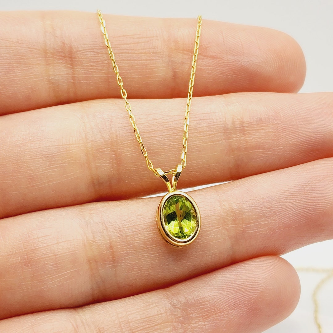 Gold Peridot Pendant Necklace, 14K Yellow Gold Genuine Oval Peridot ...