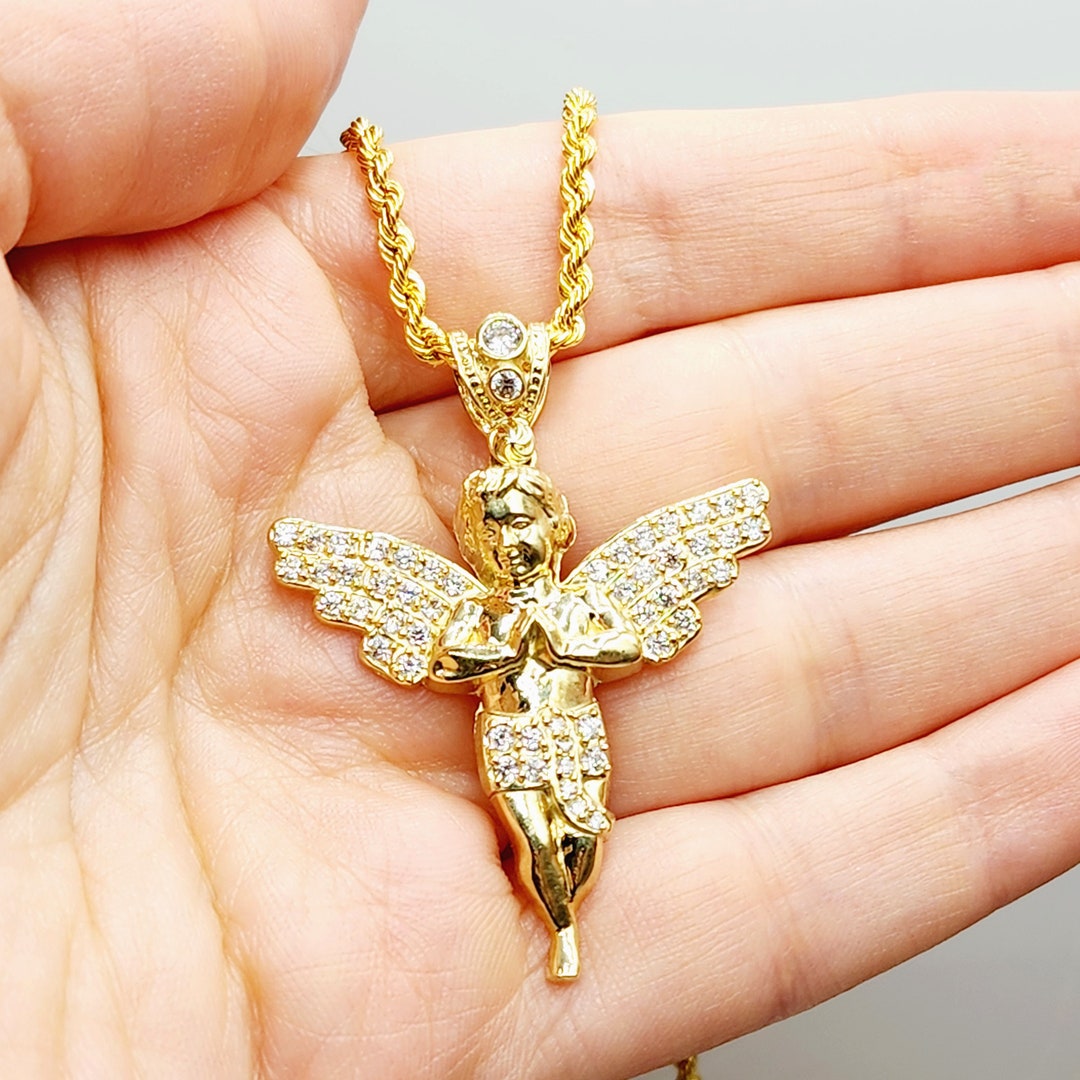 Gold Angel Pendant, 10K Yellow Gold Angel Pendant, Dainty Gold Necklace ...