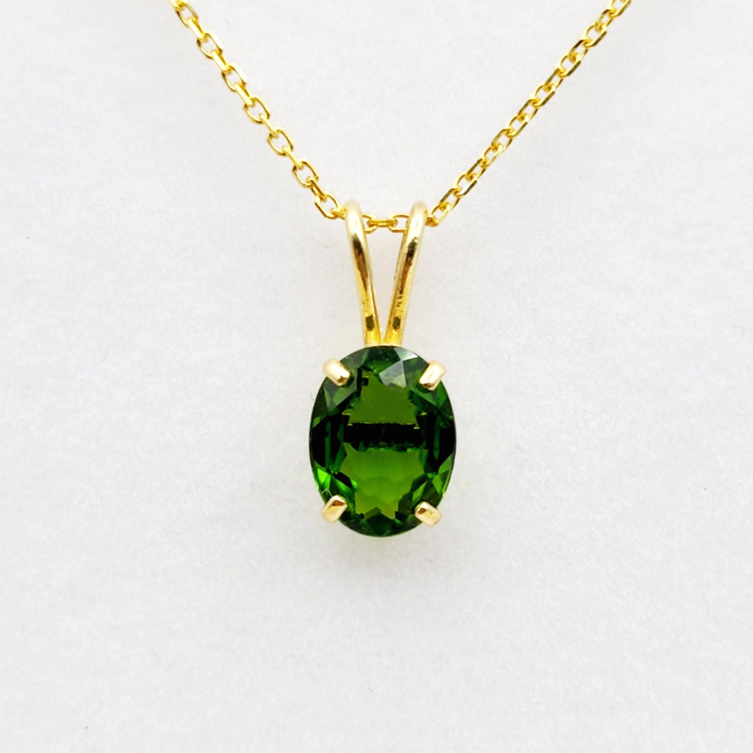 10K Yellow Gold Chrome Diopside Pendant Necklace, Green Gemstone 8x6mm ...