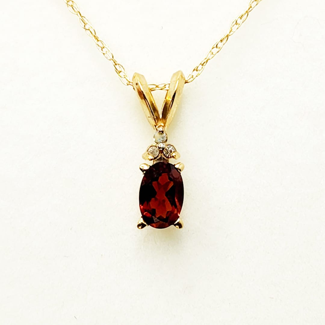 Gold Garnet Pendant Necklace, 10K Yellow Gold Genuine Garnet 6x4mm and ...