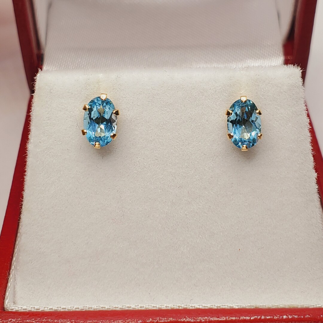 Gold Blue Topaz Stud Earrings, 10K Yellow Gold Blue Topaz 6x4mm Stud ...