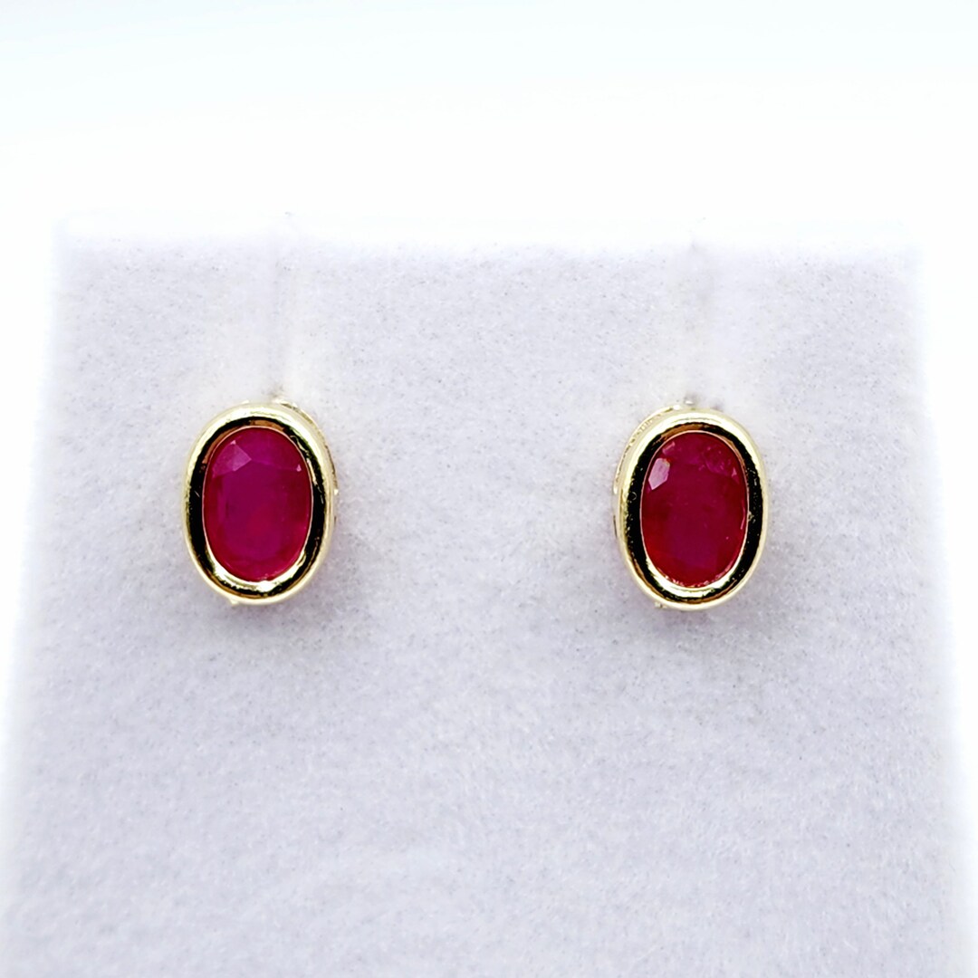 Gold Ruby Bezel Stud Earrings, 14K Yellow Gold Genuine Ruby Earrings ...