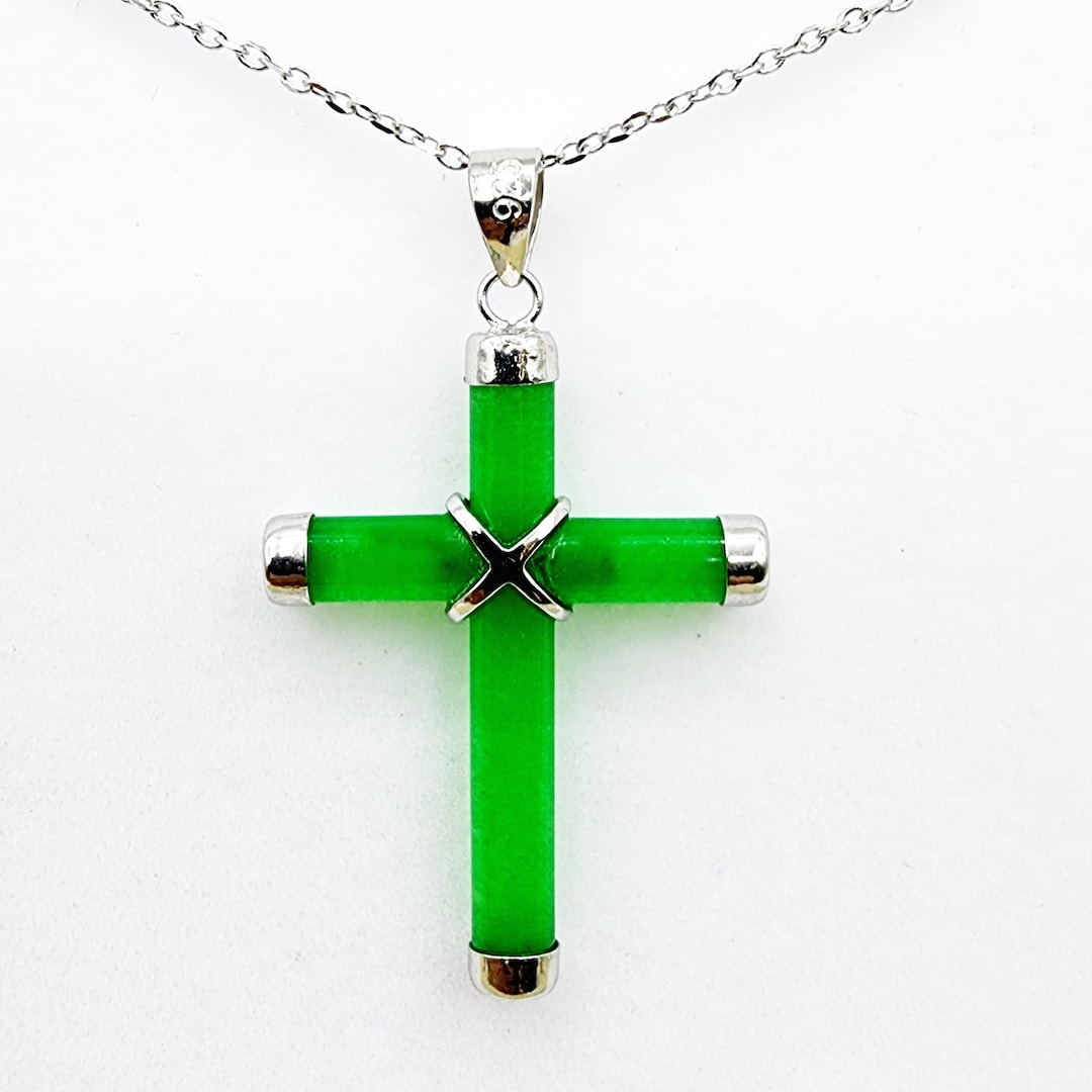 Sterling Silver Genuine Green Jadeite Cross Pendant With Chain, Green ...