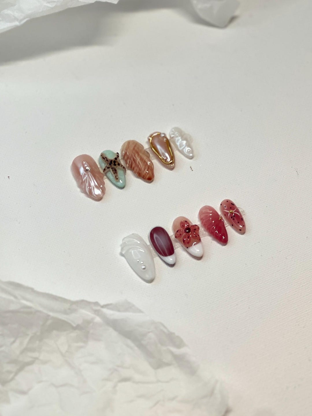 Sea Fossil Garden Press on Nails – Short Almond Sculpted Set – Shell ...