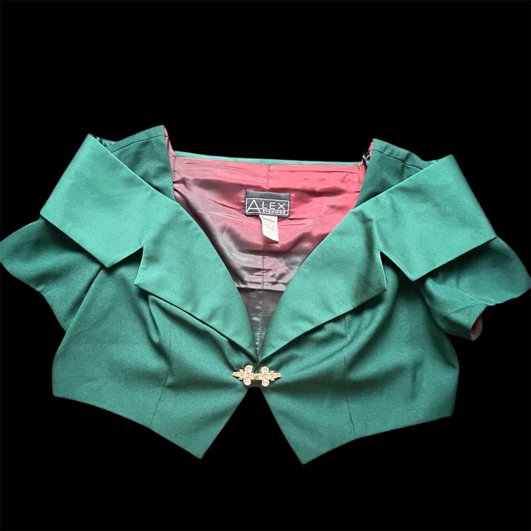 Vtg Bolero 80s Emerald Green Cropped Taxido Formal Bolero Crystal Alex ...