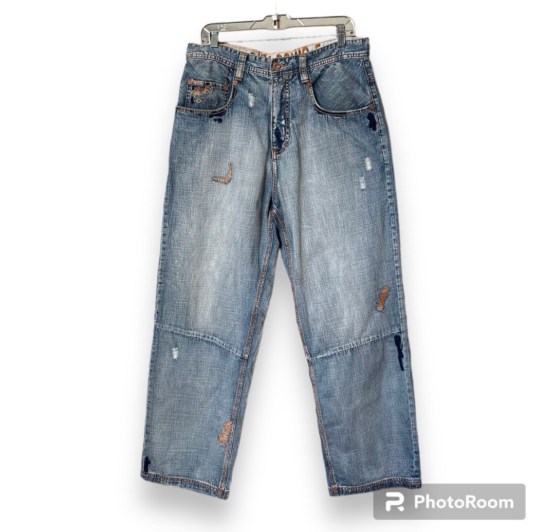 Vintage Pepe Jeans Mens 34x32 Blue Denim Pipe Wide Leg Embroidered ...