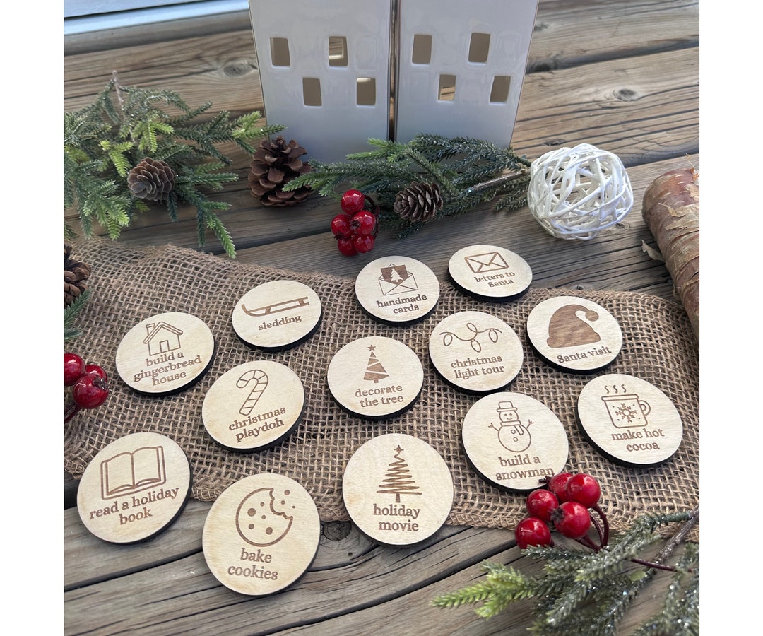 Family Christmas Activity Tokens Set With Canvas Bag Engraved Birch ...
