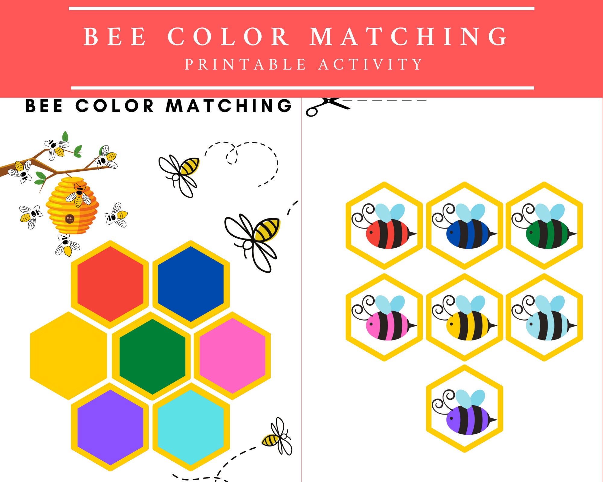Bee Color Matching Game. Printable Toddler Busy Book Binder. Homeschool ...