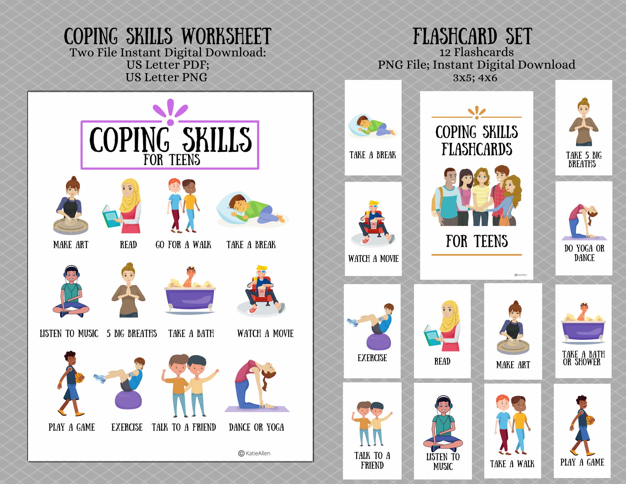 Teen Coping Skills Flashcards & Worksheet,digital Download,anxiety ...