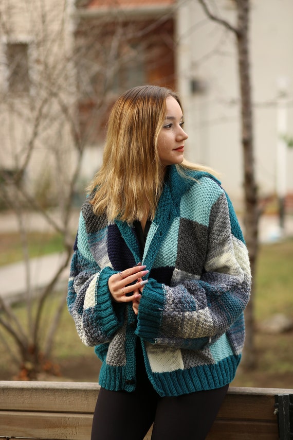 Patchwork Oversized Cardigan Hand Knitted Blue gray Cardigan Etsy UK