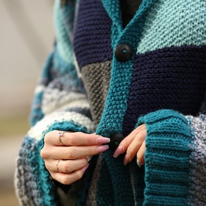 Patchwork Oversized Cardigan Hand Knitted Blue&gray Cardigan - Etsy
