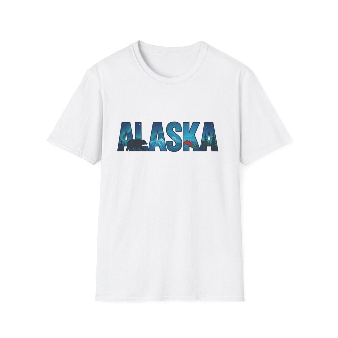 Alaska State Shirt - Wilderness Block Letters With Aurora, Bear, Salmon ...